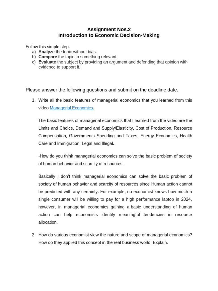 Assignment Nos.2 Introduction To Economic Decision-Making | PDF