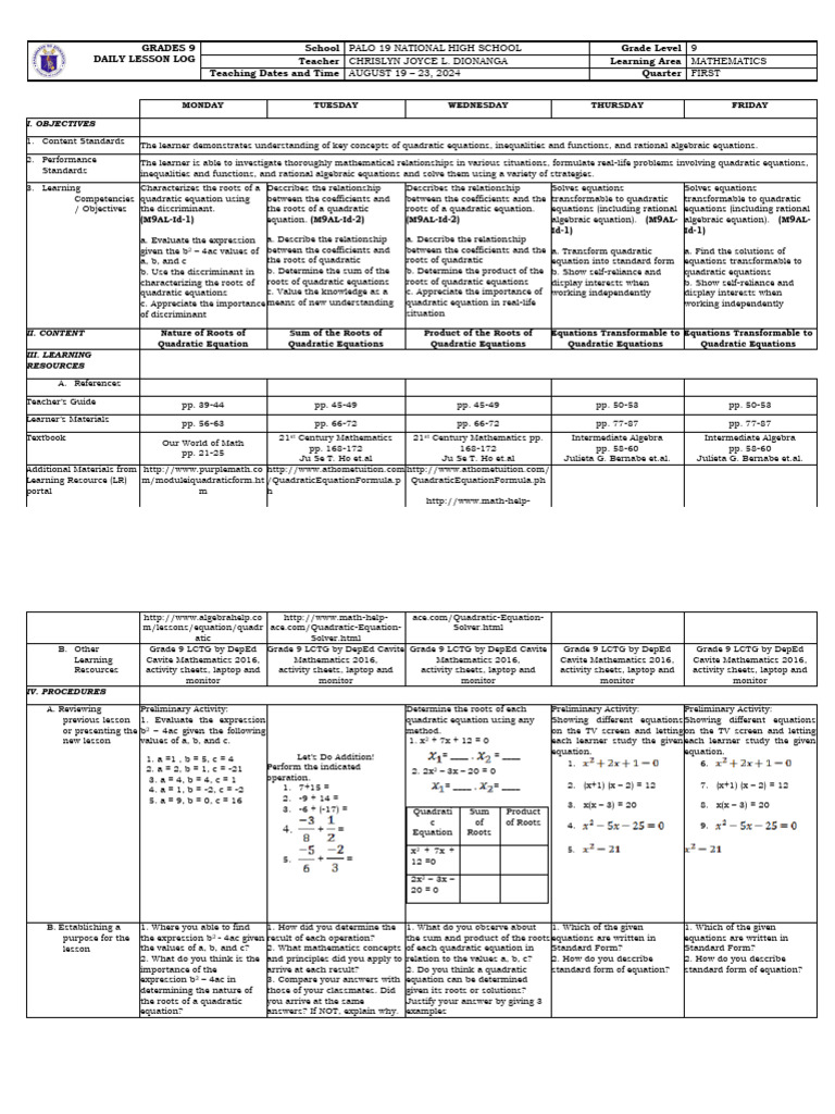 DLL Math 9 Q1 W4 | PDF