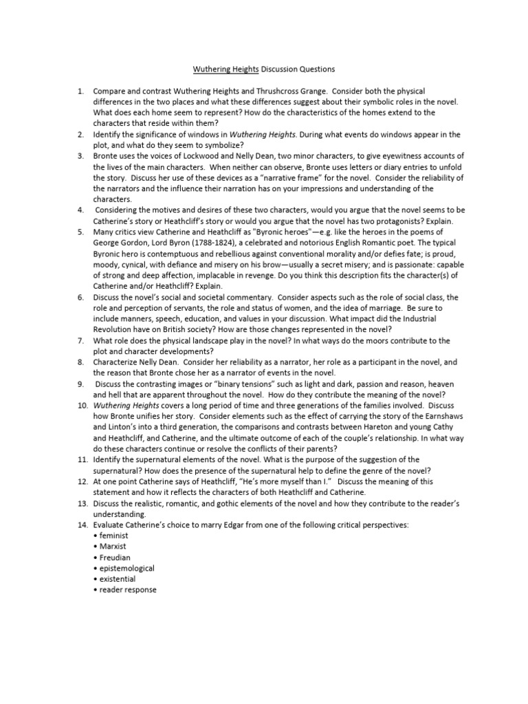 Wuthering Heights Discussion Questions | PDF | Wuthering Heights ...