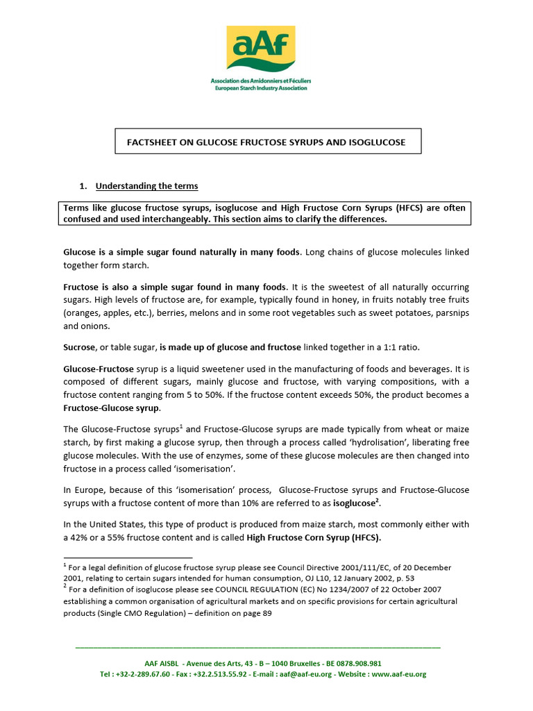 Glucose Fructose Syrups and Isoglucose Factsheet | PDF