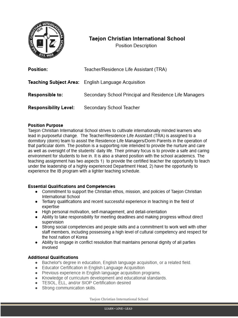 Teacher - Residence Life Assistant (TRA) Position Job Description JD ...