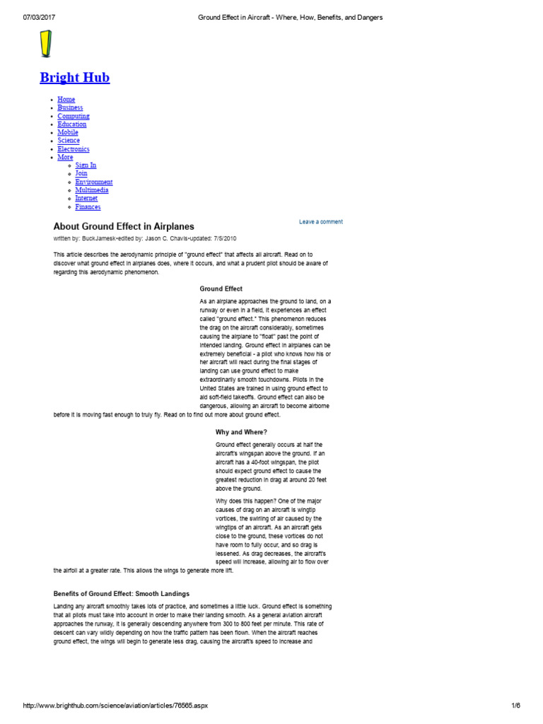 Ground Effect in Aircraft - Where, How, Benefits, and Dangers | PDF