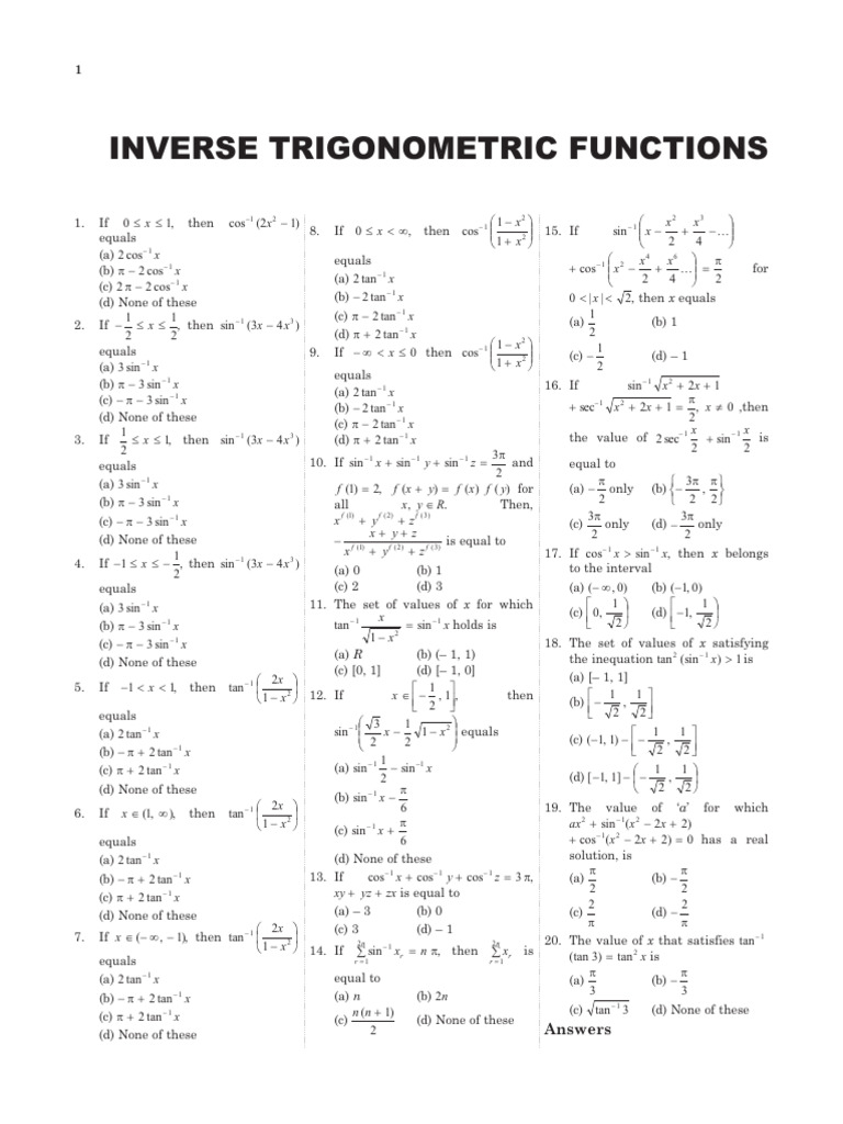 Inverse Trigonometric Functions: Answers | PDF