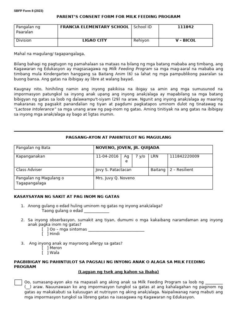 SBFP Form 8 2023 | PDF