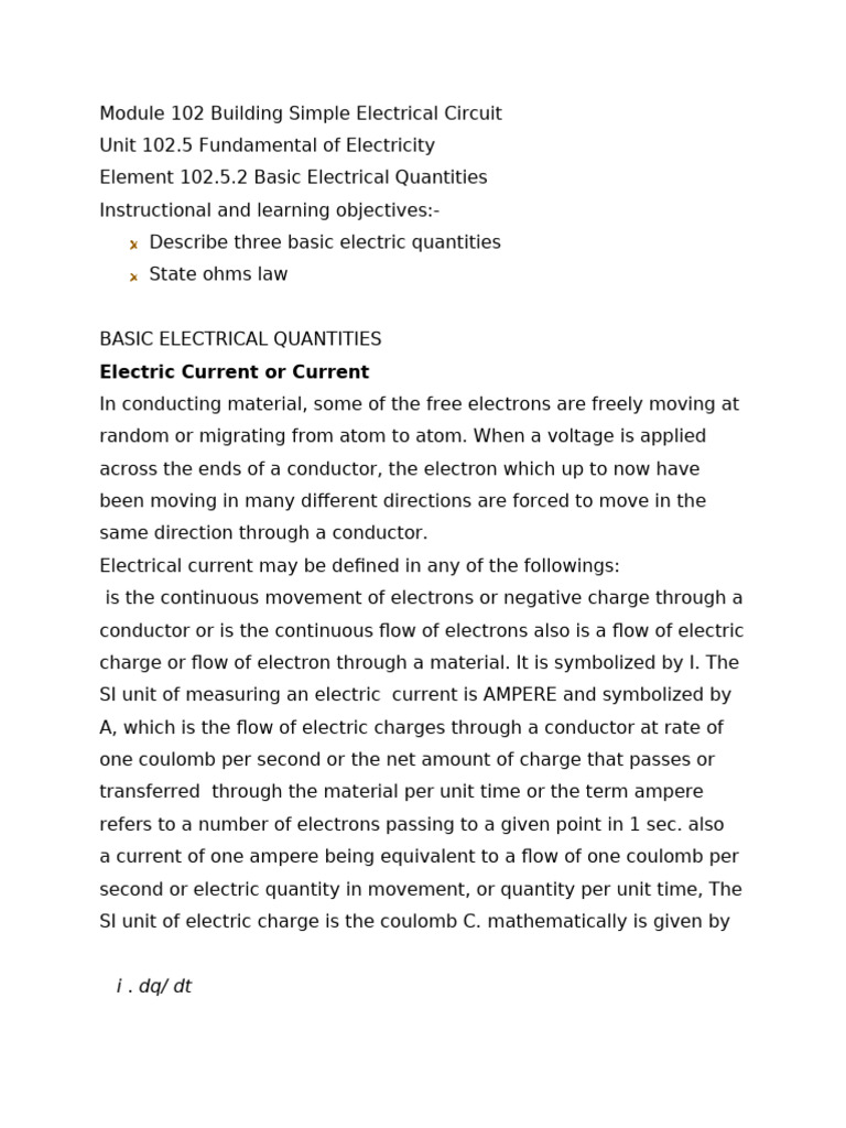 Basic Electrical Quantities Notes | PDF | Electric Power | Electrical ...