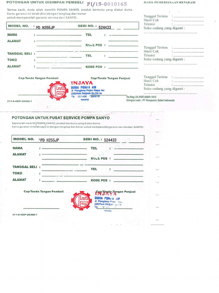 Contoh Kartu Garansi Sanyo | PDF