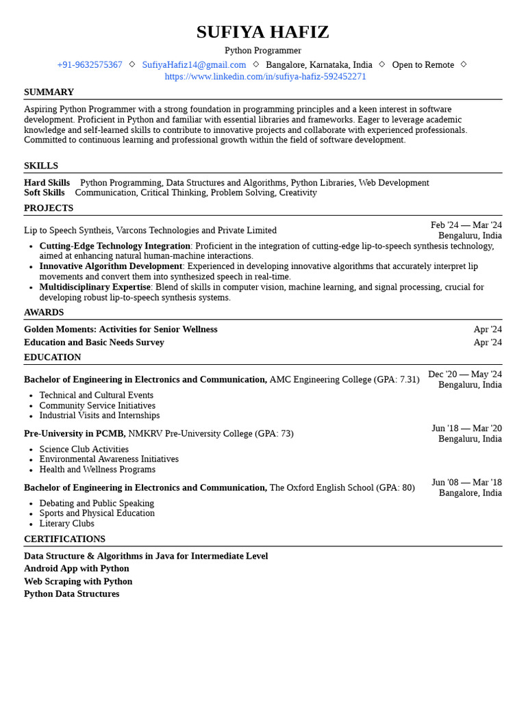 Resume Sufiya Hafiz (Python) | PDF