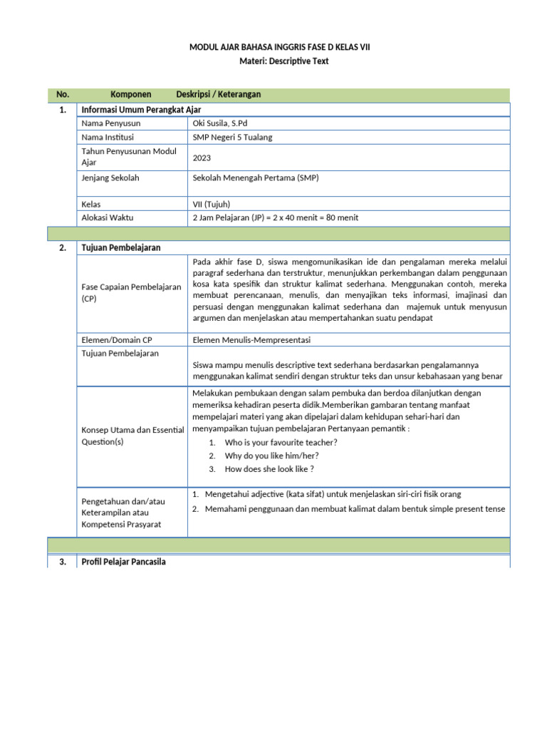Modul Ajar - 4 Descriptive Text | PDF