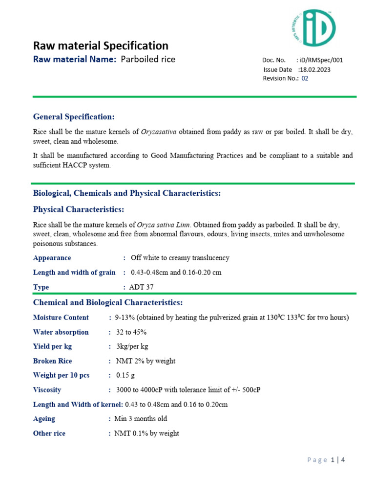 Rice Specs 1. India Rev 02 (64458) | PDF