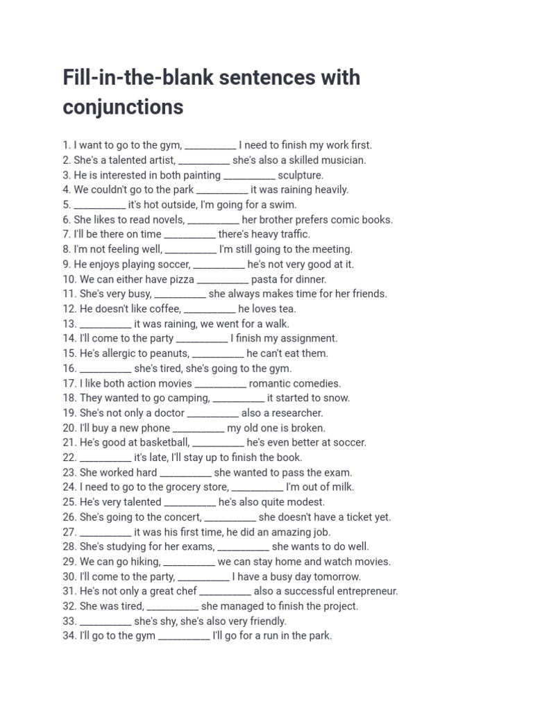 Conjunctions Fill in Blanks | PDF