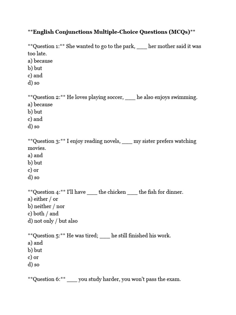 English Conjunctions Multiple-Choice Questions (MCQS) | PDF