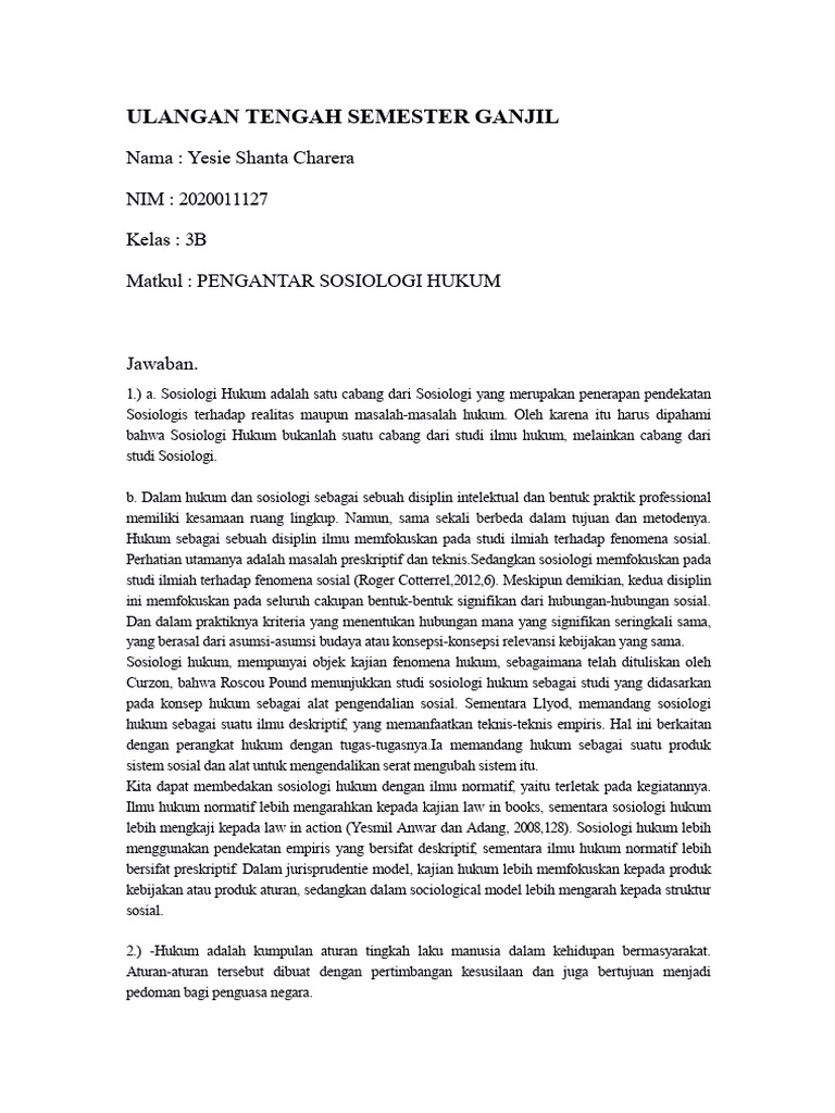 Pengantar Sosiologi Hukum 3B Yesie Shanta Charera 2020011127 | PDF