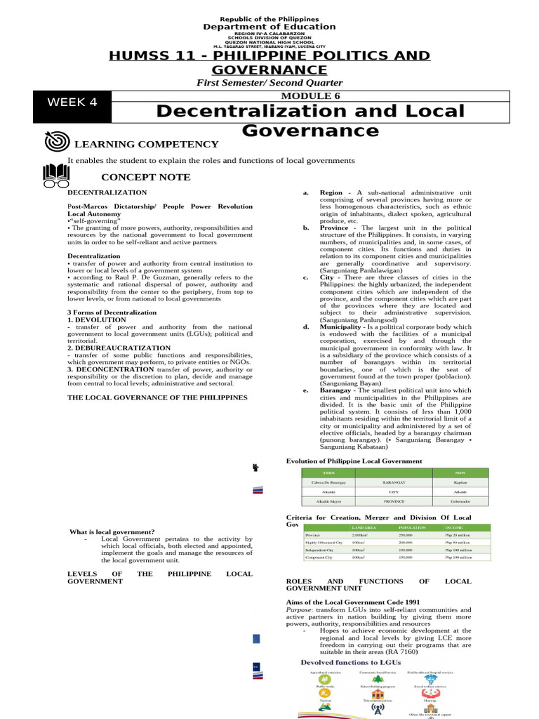 PPG - Q2 - Week 4 Module 9 Decentralization and Local Governance | PDF