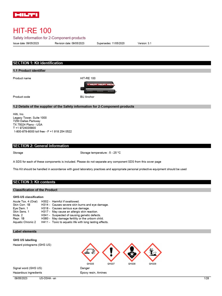 HIT RE 100 Adhesive Anchor SDS 2196483 | PDF