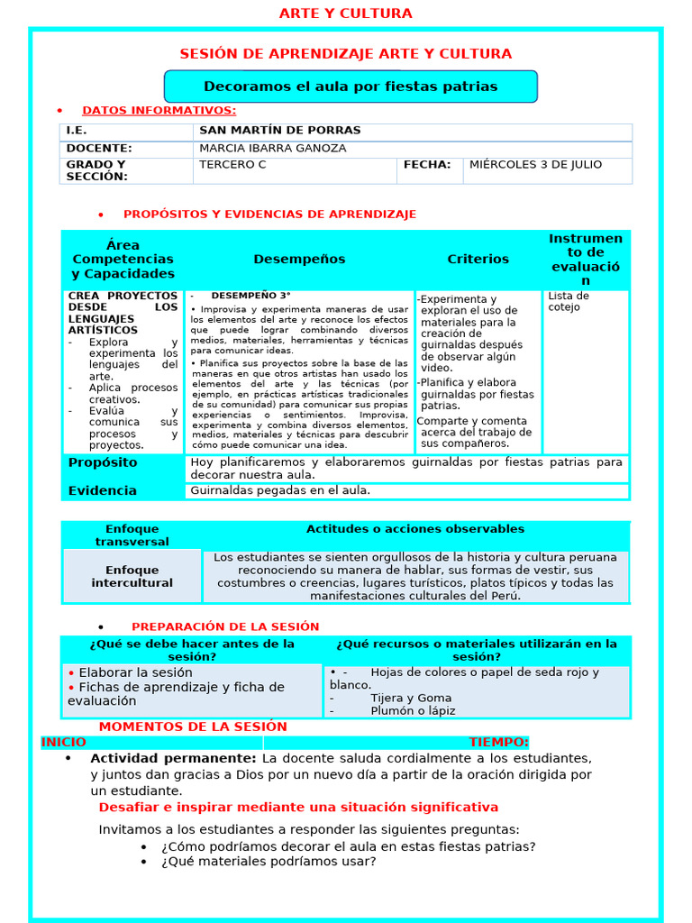 Ses Ayc Miérdoles 3 de Julio - Decoramos El Aula Por Fiestas Patrias | PDF