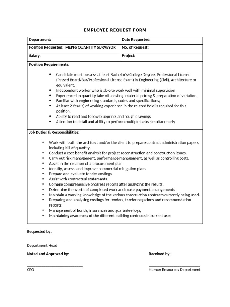 EMPLOYEE-REQUEST-FORM Sample | PDF | Employment | Finance & Money ...