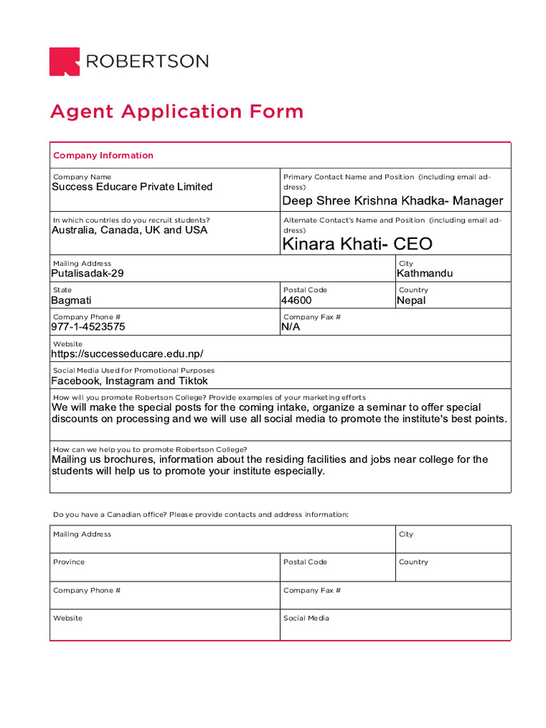 Robertson College Agent Form | PDF