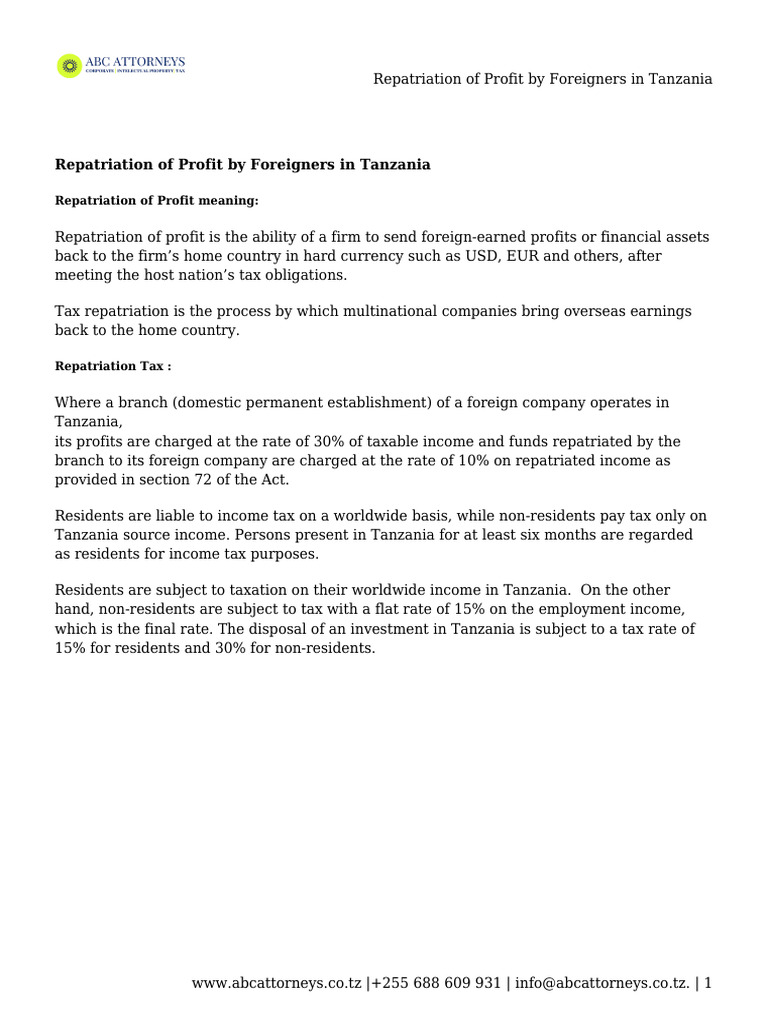 Repatriation of Profit by Foreigners in Tanzania | PDF