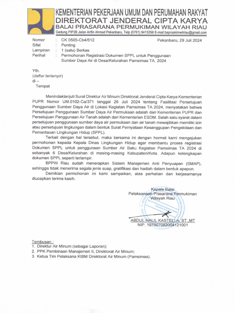 Surat Permohonan Reg SPPL - Pamsimas 2024 | PDF