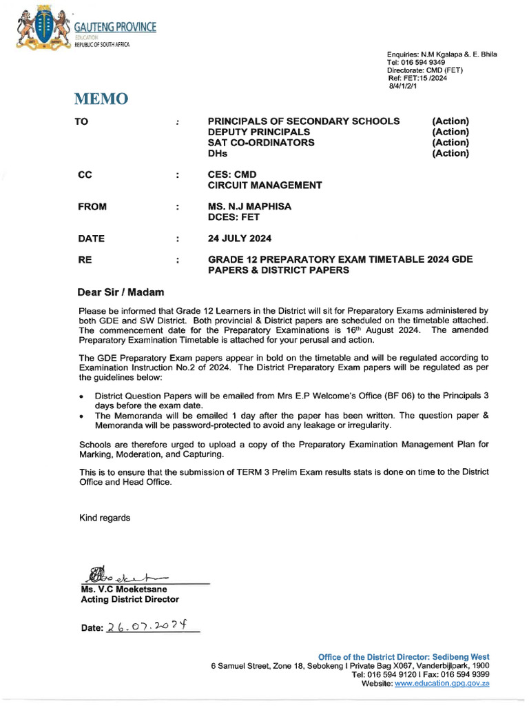 2024 T3 GR 12 NSC and Prep Exam Time Table MEMO | PDF