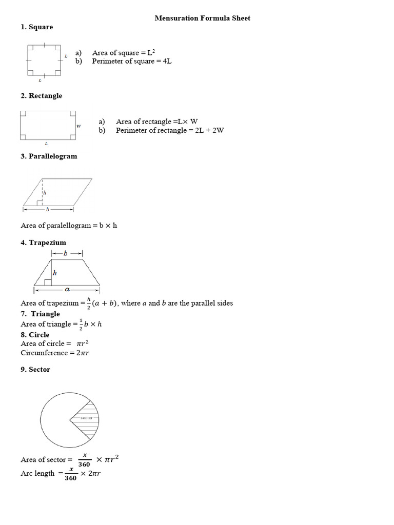 Mensuration Formula Sheet | PDF