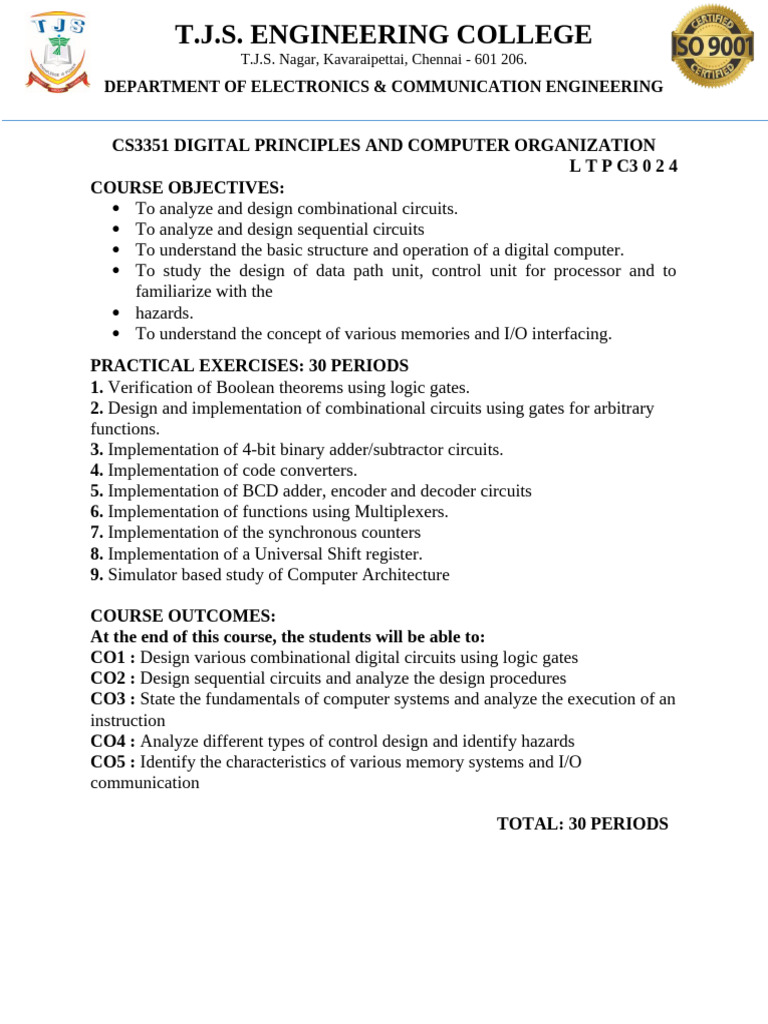 CS3351 Digital Principles and Computer Organization | PDF