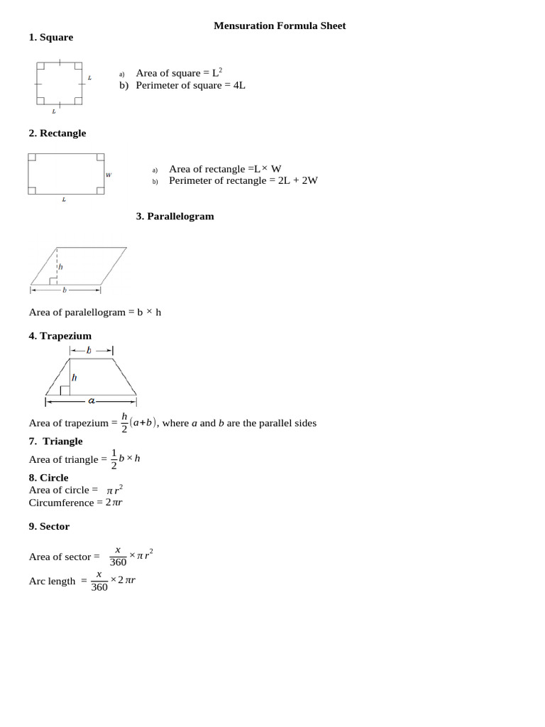 Mensuration Formula Sheet G 9 | PDF