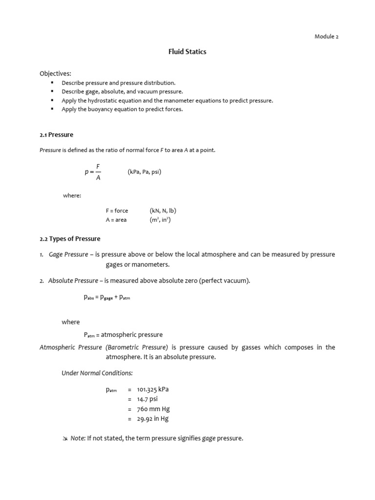 Module 2 Fluid Statics | PDF