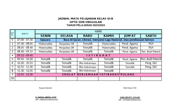 Jadwal Pelajaran Kelas 6 | PDF
