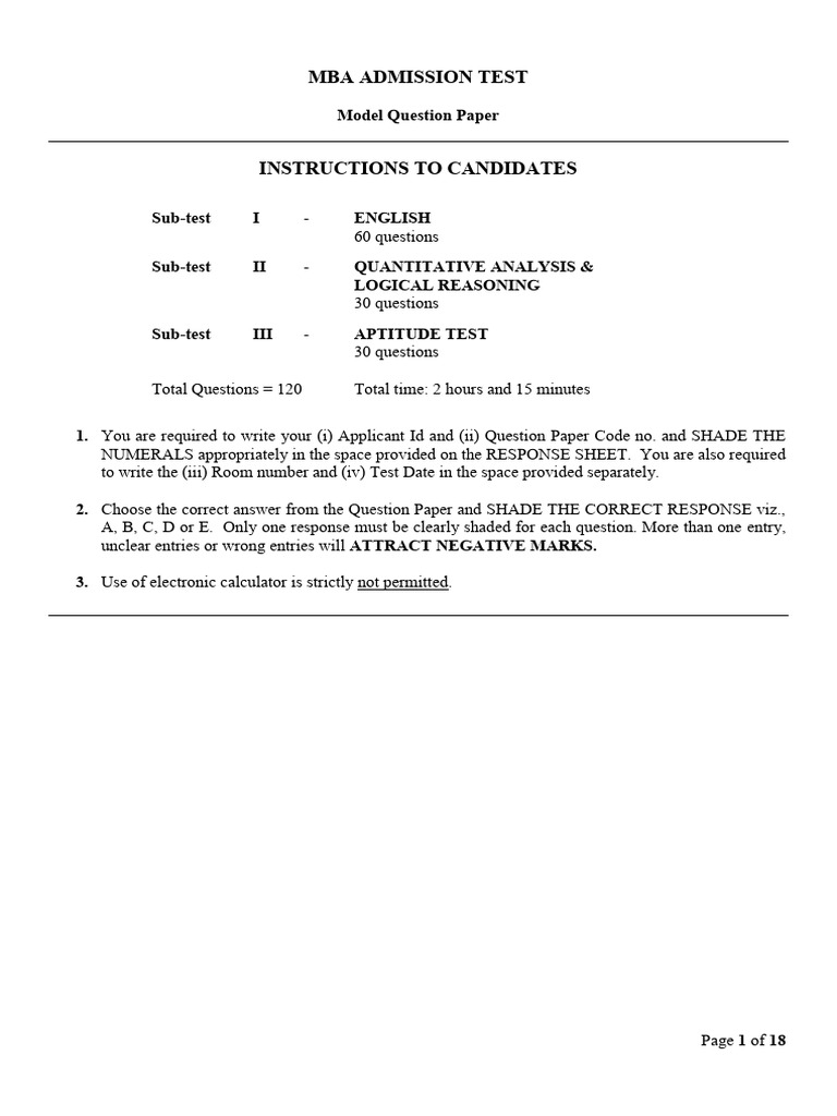 SSSIHL Admissions Model Test Paper Professional MBA | PDF