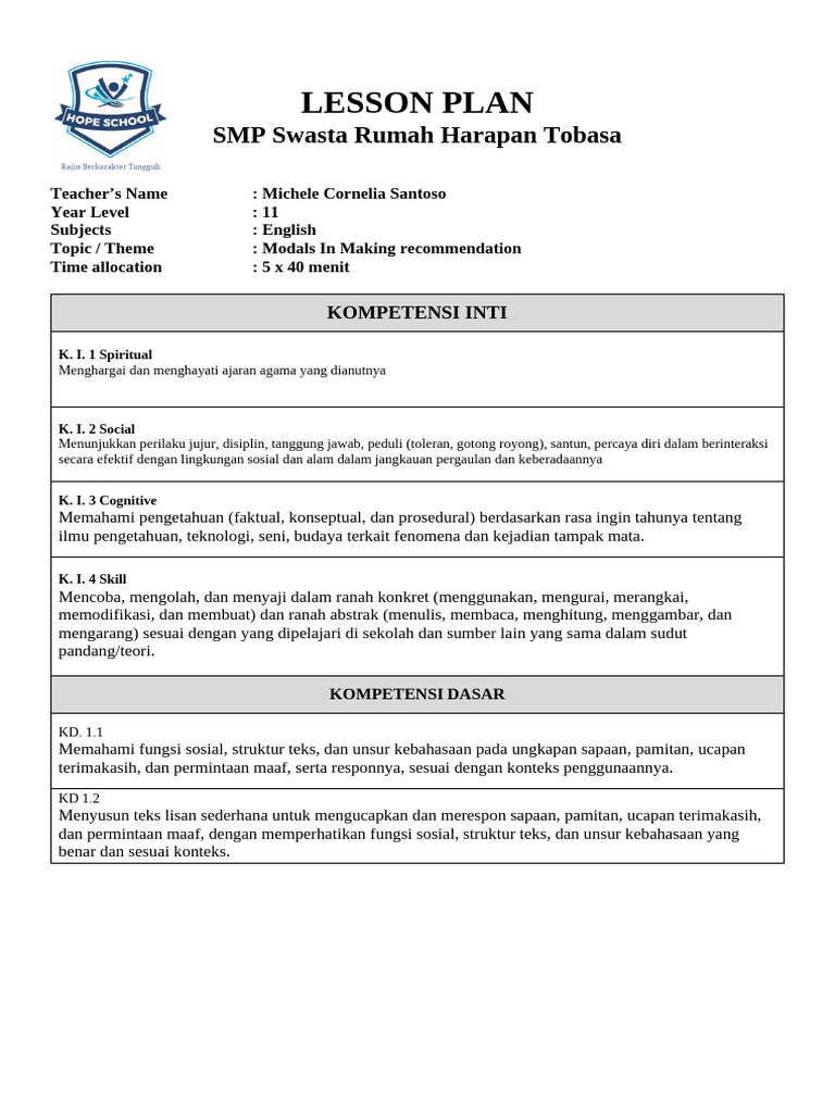 MODALS-LESSON PLAN XI-Ms - Michelle | PDF | Teaching Method | Career & Growth