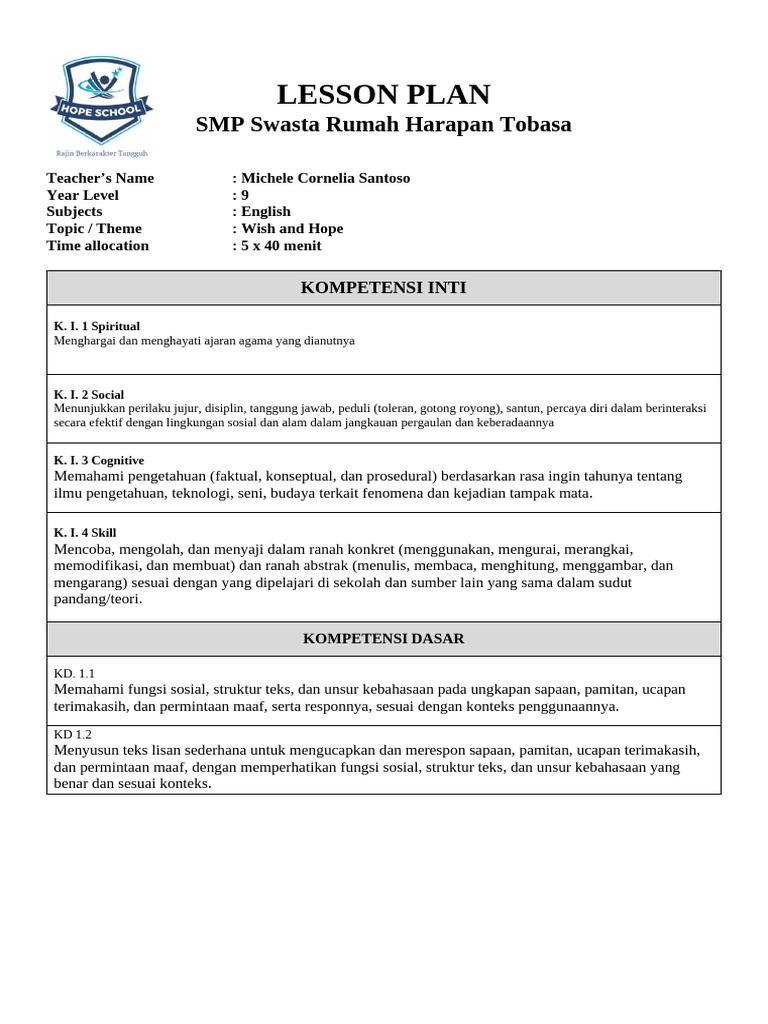 LESSON PLAN Wish and Hope | PDF | Teaching Method | Behavior Modification