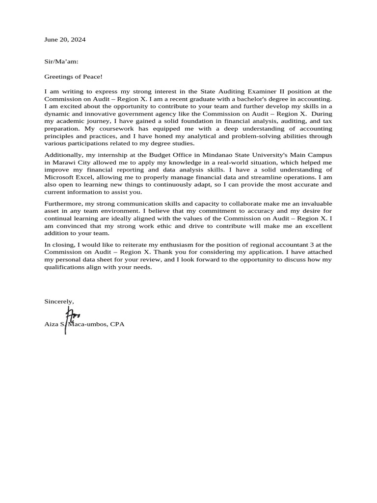 Application Letter - Maca-Umbos, Aiza S. | PDF