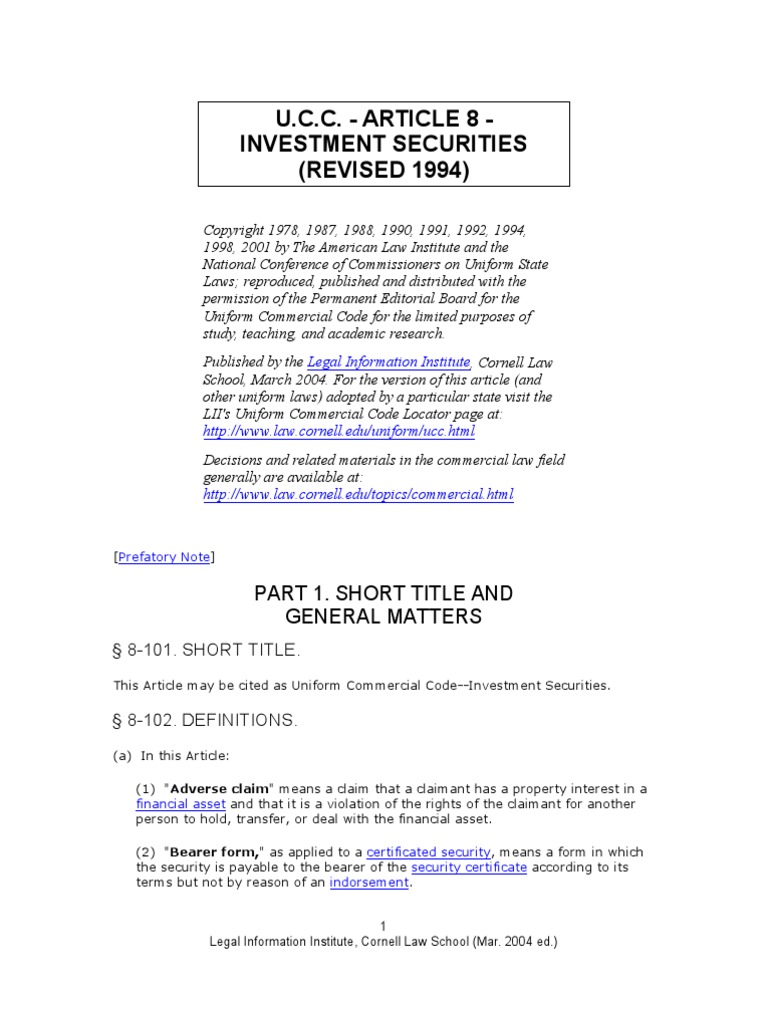 Ucc 8 | PDF | Uniform Commercial Code | Securities (Finance)