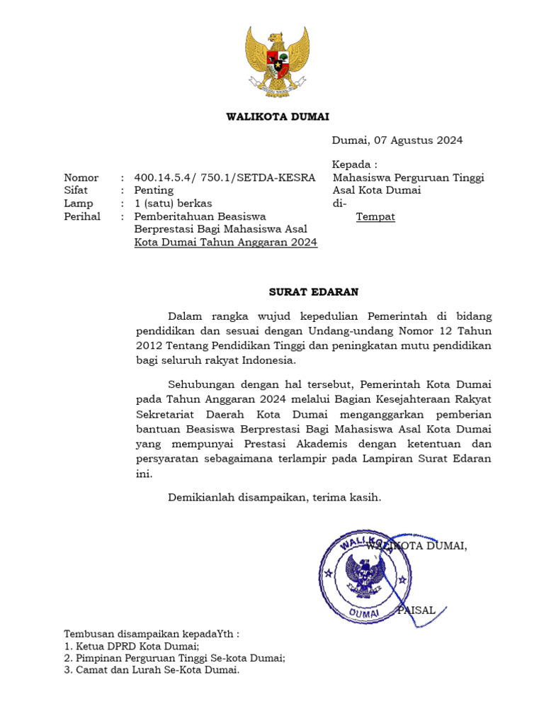 Surat Edaran Beasiswa 2024 | PDF