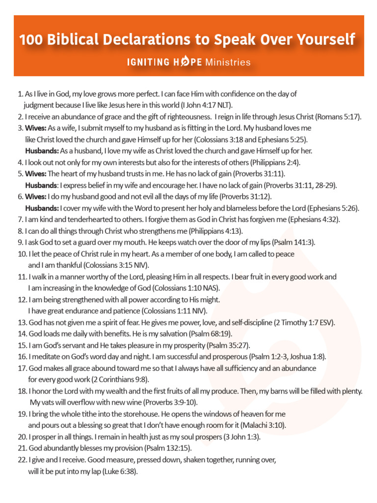 100 Biblical Declarationsto Speak Over Yourself | PDF