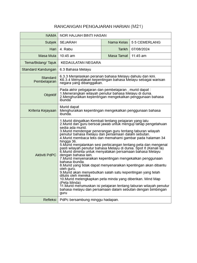 RPH Sejarah Tahun 5 Minggu 21 | PDF | Kajian Bahasa Asing