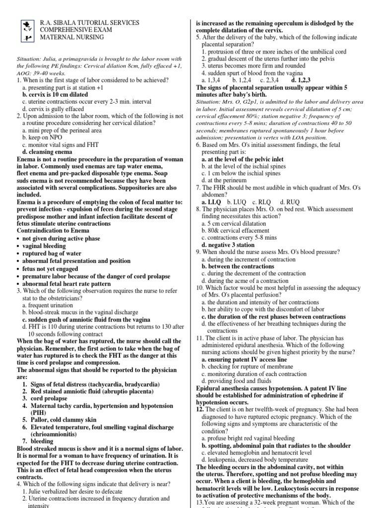 Compre - Maternal Answer Key | PDF | Childbirth | Pregnancy