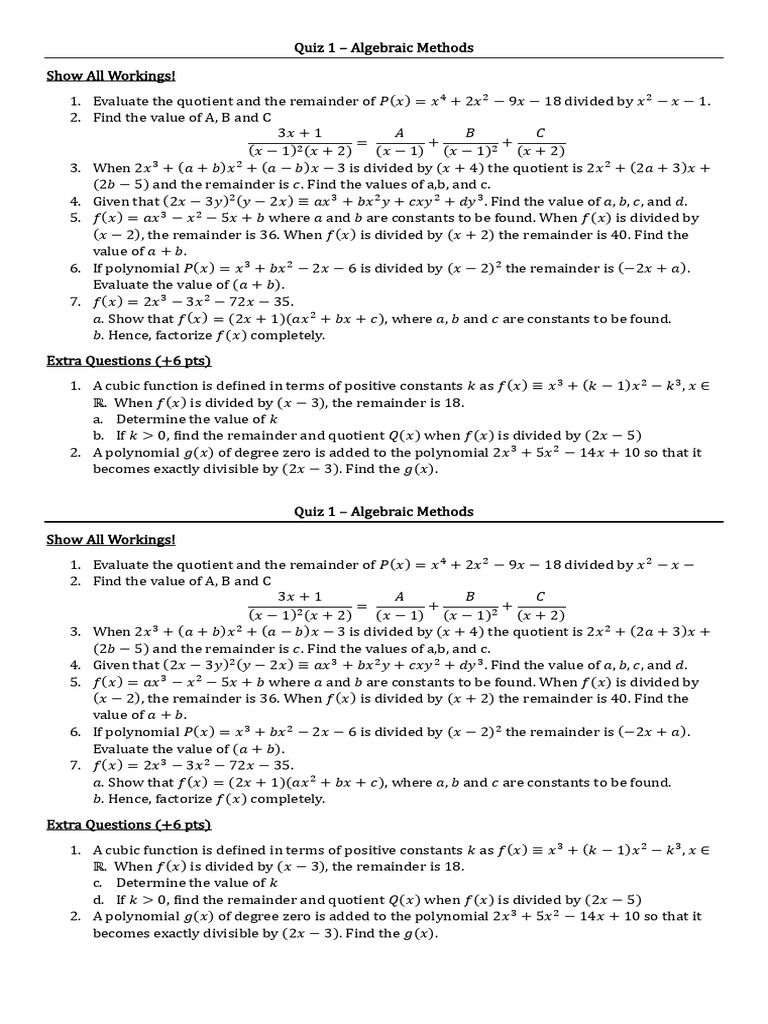 Quiz 1 - Algebraic Methods | PDF