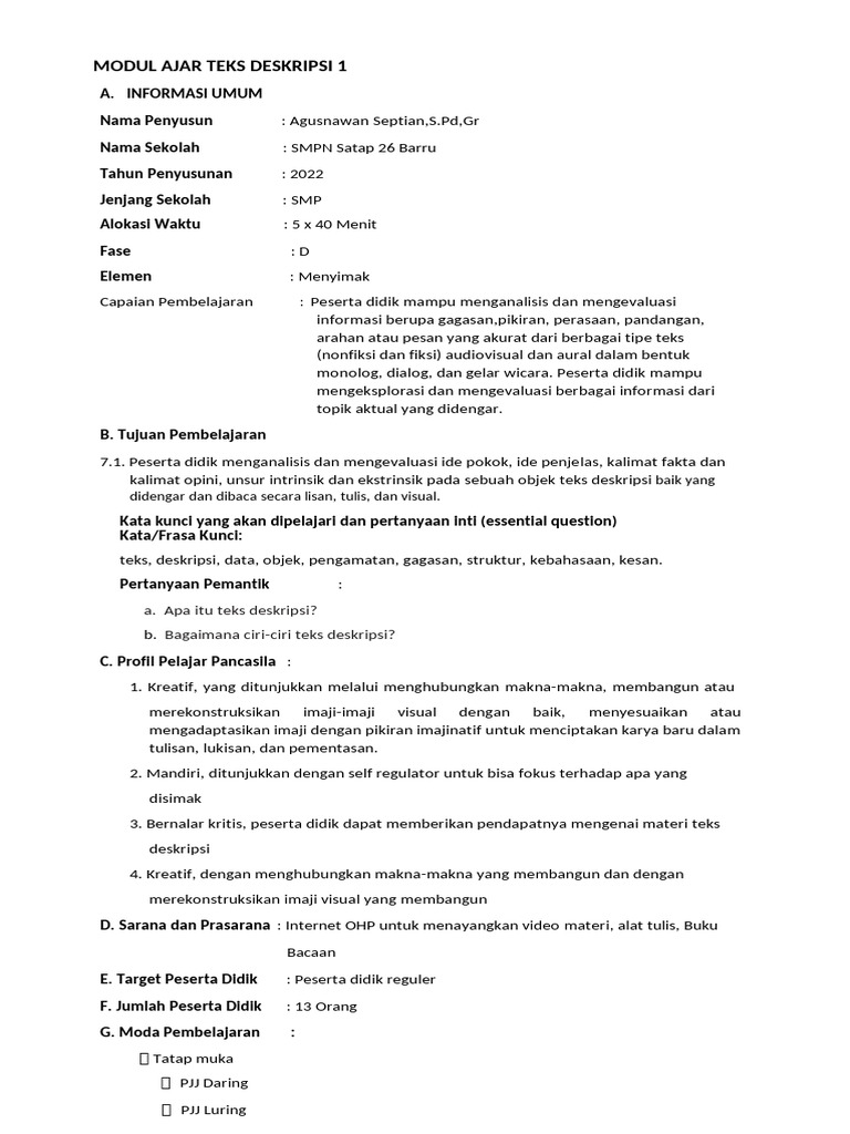 Modul Ajar Teks Deskripsi-Fix | PDF