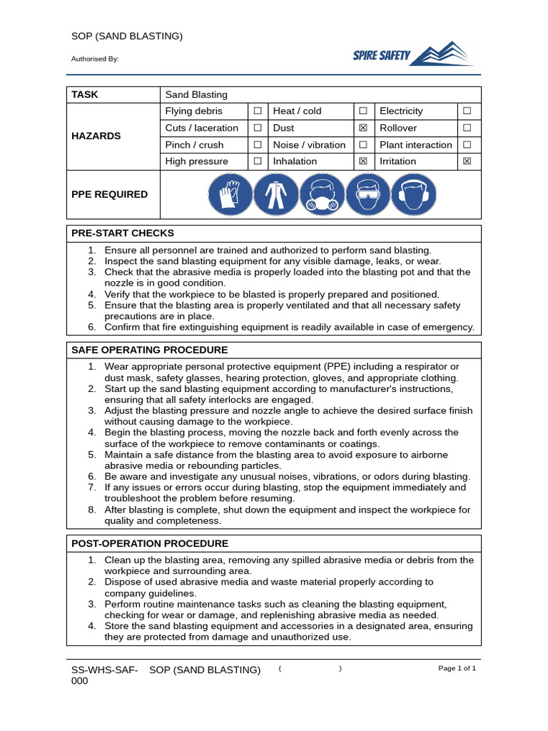 SS WHS SAF 000 Safe Operating Procedure Sand Blasting | PDF