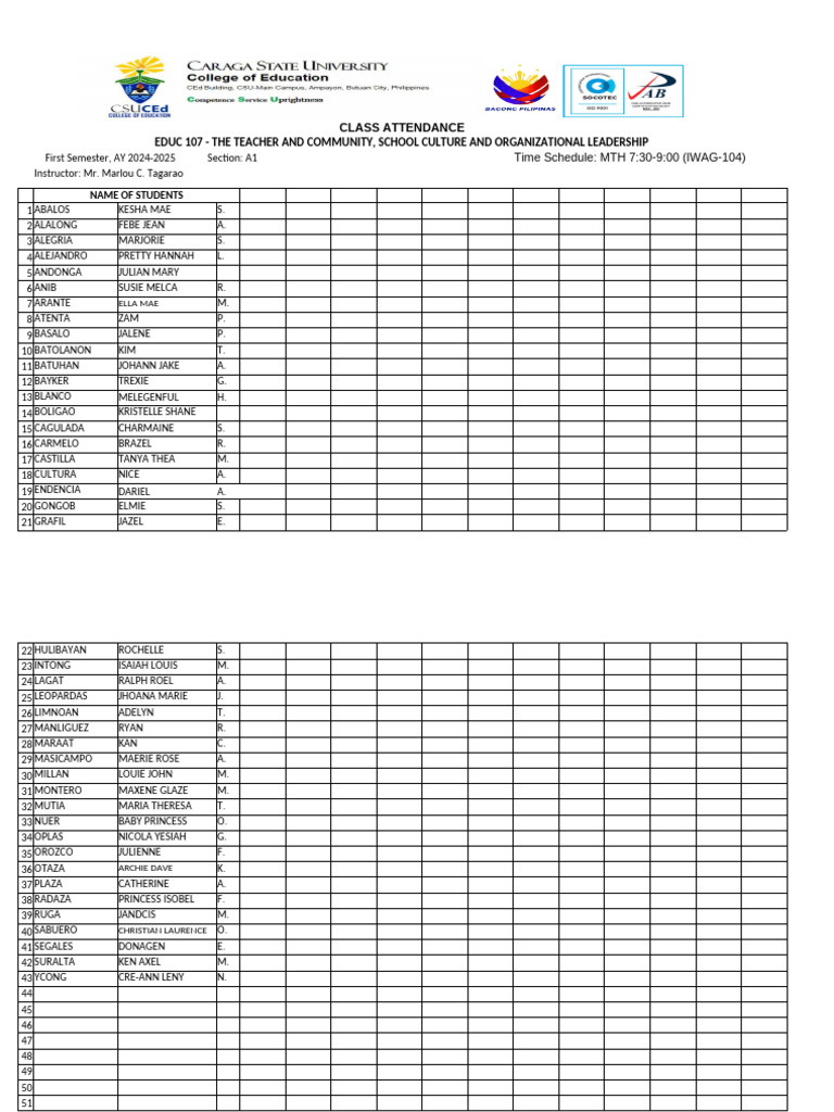 Educ 107 Attendance 2024 2025 | PDF