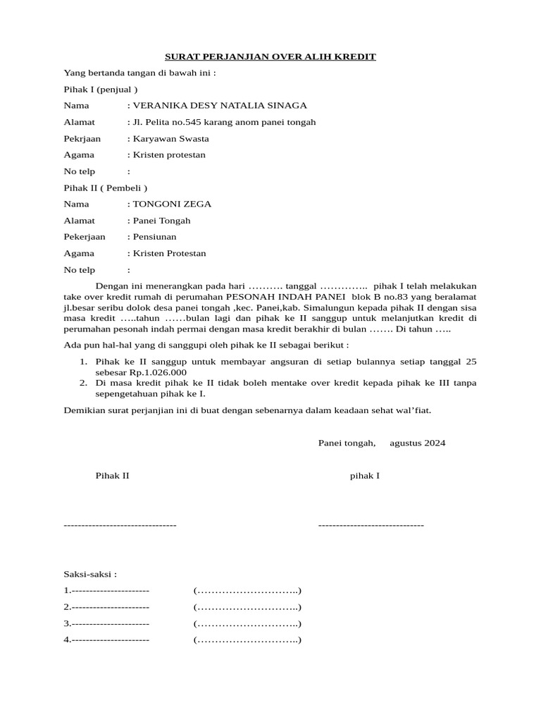 Surat Perjanjian Over Kredit Rumah | PDF