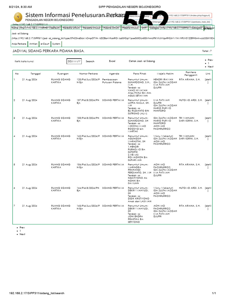 Jadwal Sidang Pidana TGL 21 Agustus 2024 | PDF