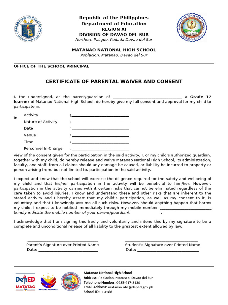 Certificate Parental Waiver Consent Blank Copy 1 | PDF