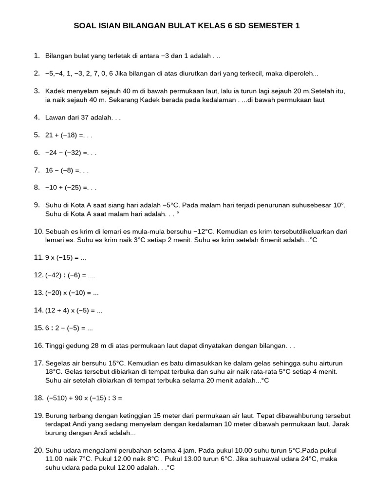 Soal Isian Bilangan Bulat Kelas 6 SD Semester 1 | PDF