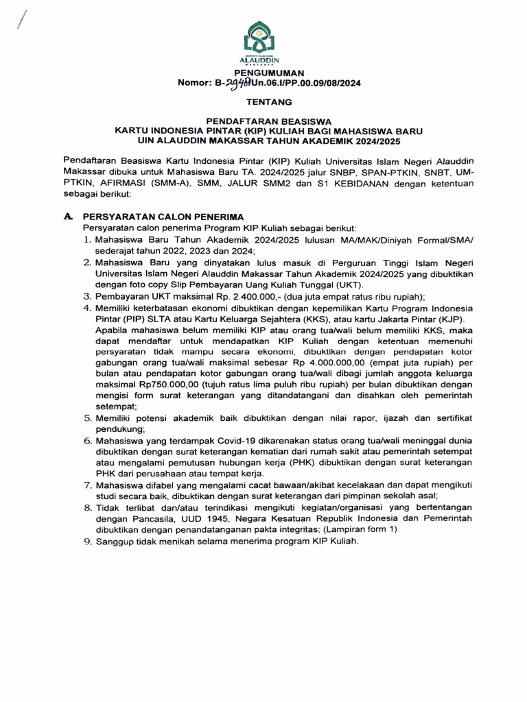 Pengumuman Pendaftaran Beasiswa Kip THN 2024 | PDF | Pengelolaan Keuangan & Uang