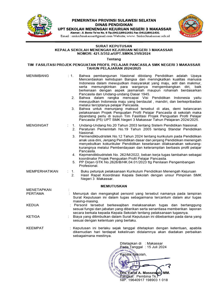 SK TIM FASILITASI P5 Semester Ganjil 2024-2025 | PDF