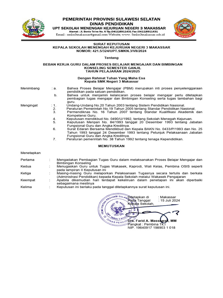 SK Pembagian Tugas Ta 2024-2025 | PDF