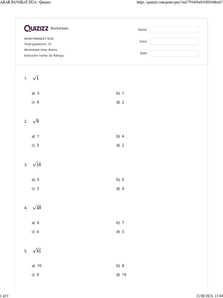 Akar Pangkat Dua - 1 | PDF